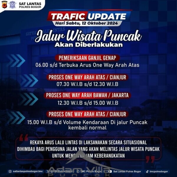 Jadwal One Way Puncak Hari Ini & Live CCTV ⋆ Adam Villa Puncak